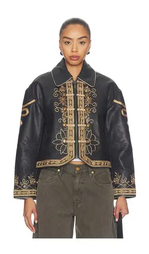 Free People Embroidered Leather Zip-up Jacket