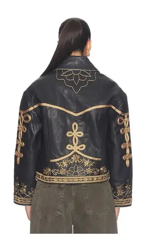 Free People Embroidered Leather Zip-up Jacket