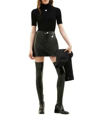 COURREGES Ribbed Knit High Neck Short Sleeve Sweater - Black