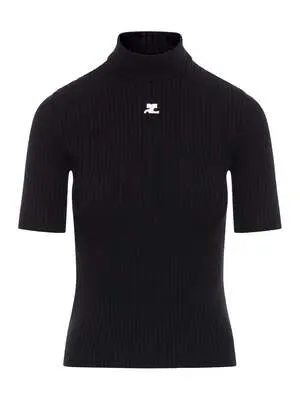 COURREGES COURREGES Ribbed Knit High Neck Short Sleeve Sweater