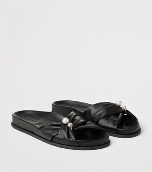 JIMMY CHOO Rafi Leather Flat Sandals With Pearl And Crystal Embellishment - Black