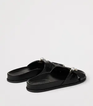 JIMMY CHOO Rafi Leather Flat Sandals With Pearl And Crystal Embellishment - Black