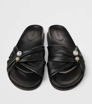 JIMMY CHOO Rafi Leather Flat Sandals With Pearl And Crystal Embellishment - Black