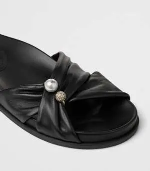 JIMMY CHOO Rafi Leather Flat Sandals With Pearl And Crystal Embellishment - Black