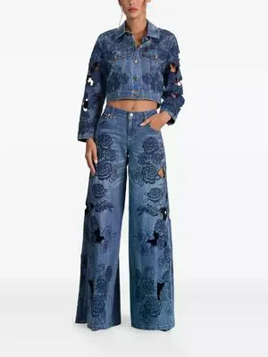Alice + Olivia Floral Embroidered Cutout Wide Leg Jeans