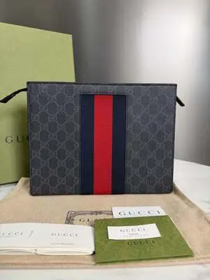Gucci Monogram Leather Clutch With Stripe Detail
