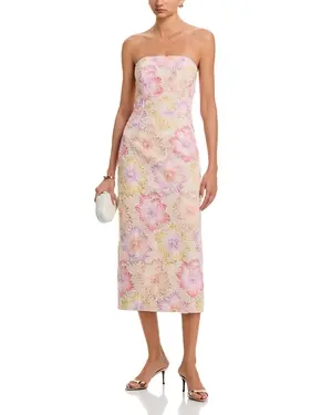 MILLY Kait Floral Embroidered Strapless Midi Dress