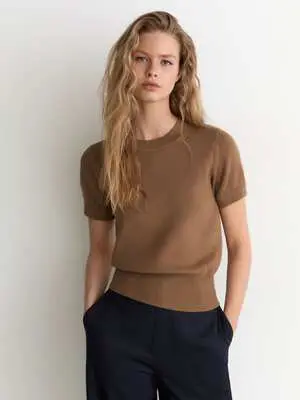 REISS Rita Cotton And Wool Short-sleeve Knit Top - Camel