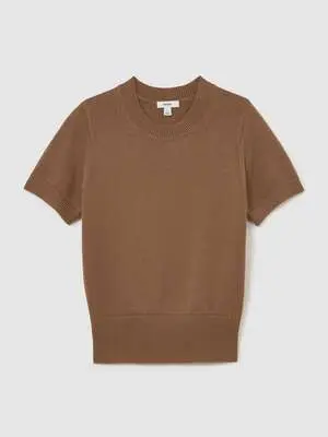 REISS Rita Cotton And Wool Short-sleeve Knit Top - Camel