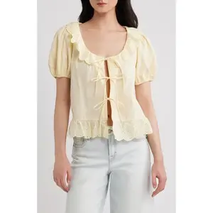 PETAL & PUP Aspen Tie Front Cotton Eyelet Embroidered Top - Mango
