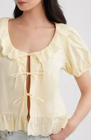 PETAL & PUP Cotton Eyelet Embroidered Tie Front Top