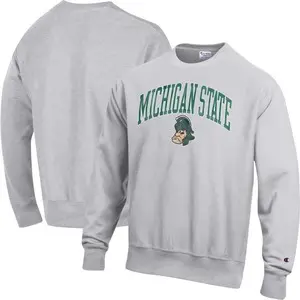Champion Michigan State Spartans Distressed Arch Over Logo Reverse Weave Crew Neck Sweatshirt - Gray
