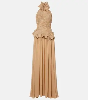 Elie Saab Raffia-trimmed Silk-blend Tulle Gown - Beige
