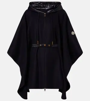 Moncler Belted Wool-blend Cape With Drawstring Hood - Blue