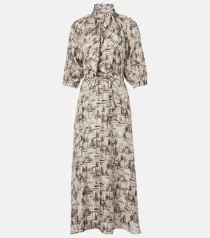 Max Mara Printed Tie-neck Silk Twill Midi Dress - White