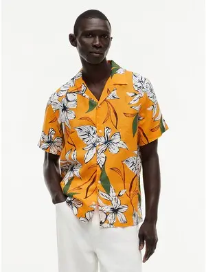 Tommy Hilfiger Regular Fit Floral Linen Camp Shirt - Orange Flash