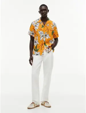 Tommy Hilfiger Regular Fit Floral Linen Camp Shirt - Orange Flash