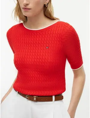 Tommy Hilfiger Regenerative Cotton Cable Knit Boatneck Sweater - Fire Red