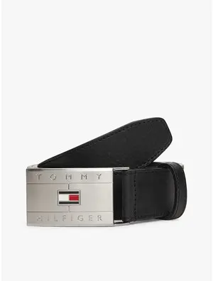 Tommy Hilfiger Flag Buckle Plate Leather Belt - Black