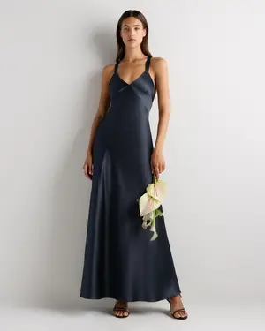 Quince Bianca Stretch Satin Maxi Dress - Navy