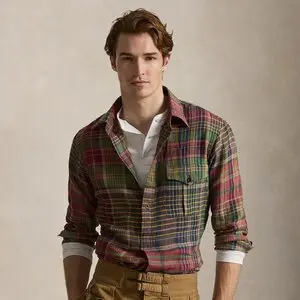Ralph Lauren Classic Fit Plaid Linen Popover Shirt - Olive Wine