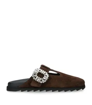 ROGER VIVIER Embellished Suede Mules - Brown