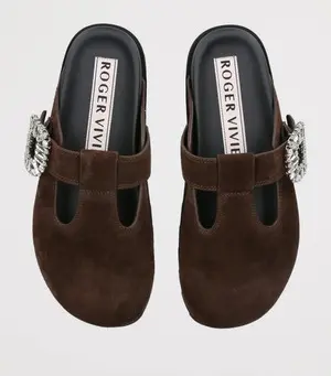 ROGER VIVIER Embellished Suede Mules - Brown