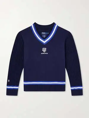 Polo Ralph Lauren Wimbledon Logo-embroidered Cable-knit Cotton-blend Fleece Sweater - Navy