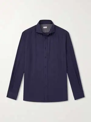 Brunello Cucinelli Herringbone Cotton And Lyocell-blend Shirt - Navy