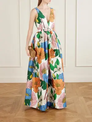 Borgo De Nor Isabella Belted Floral-print Taffeta Maxi Dress