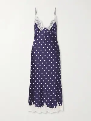 SELF-PORTRAIT Lace-trimmed Polka-dot Satin Midi Dress - Blue