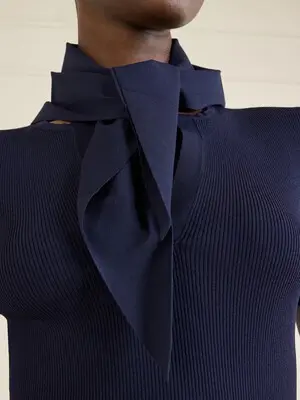 Max Mara Ribbed Jersey T-shirt With Tie Neck Detail - Blue