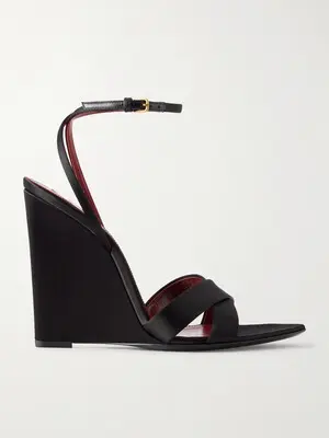 Saint Laurent Lydia Satin Wedge Sandals - Black