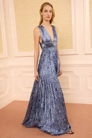 Ulla Johnson Lena Pleated Satin Gown With Seashell Print - Lapis