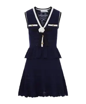 SELF-PORTRAIT Peplum Pointelle Knit Mini Dress - Navy