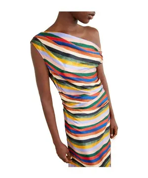 Staud One-shoulder Draped Striped Silk-blend Satin Maxi Dress