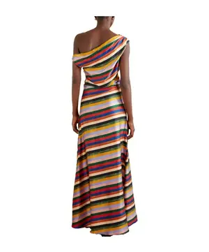 Staud One-shoulder Draped Striped Silk-blend Satin Maxi Dress