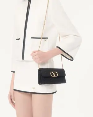 Valentino Garavani Vlogo Signature Chain Wallet In Moiré Fabric With Jewel Logo - Black