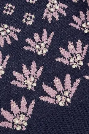 Farm Rio Faux Pearl Embellished Jacquard Knit Sweater