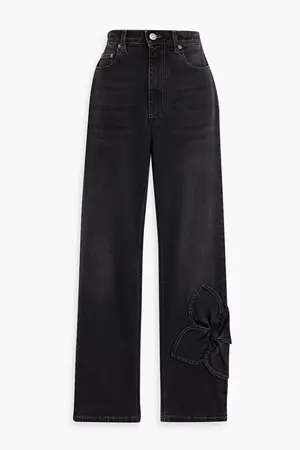 AREA Floralappliquéd Highrise Straightleg Jeans - Black