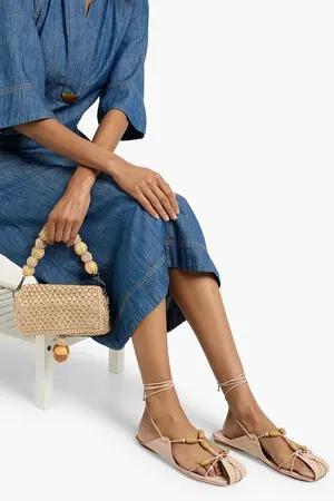 Farm Rio Beaded Leather Sandals With Tie Fastening