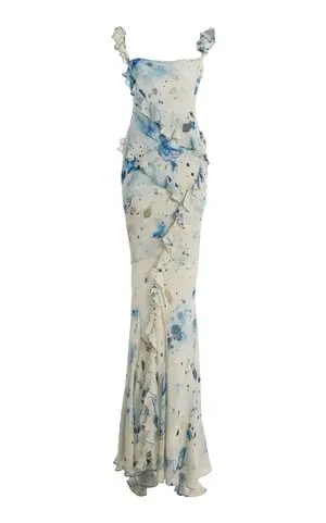 Paris Georgia Ruffled Silk Maxi Dress With Cascading Ruffle And Removable Cape - Print