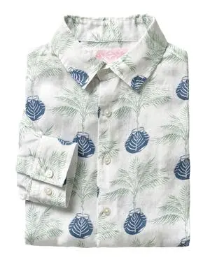 PINK HOUSE Linen Shirt Potted Palm Green And Navy - Blue