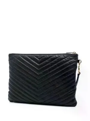 Saint Laurent Chevron Calfskin Monogram Zip A4 Pouch Clutch Bag - Black