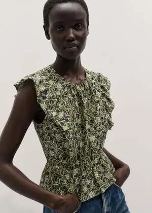 ME+EM Silk Cotton Floral Print Peplum Top - Green/multi