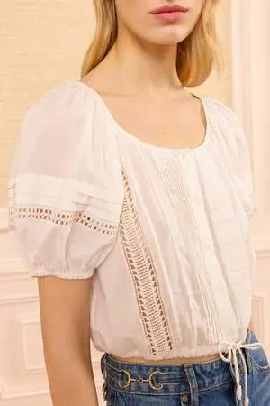Ulla Johnson Clara Cropped Cotton Voile Blouse With Lace And Pintucks - Pristine