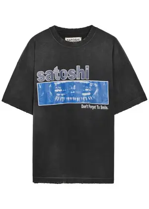 SATOSHI NAKAMOTO Don't Forget To Smile Printed Distressed Cotton T-shirt - Black