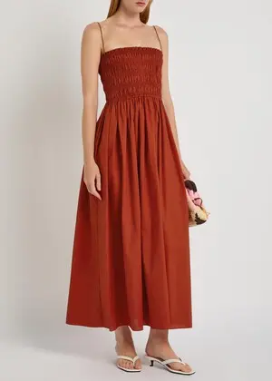 Matteau Shirred Cotton-poplin Midi Dress - Red