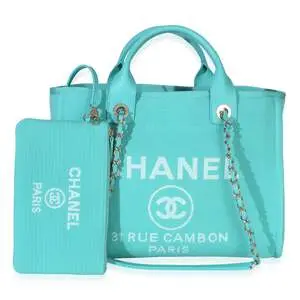Chanel Turquoise Mixed Fibers Canvas Deauville Tote - Blue