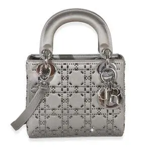Dior Grey Satin Crystal Cannage Lady Bag - Gray